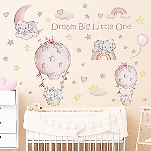 Dream Big Little One Elephant Wall Stickers Pink Hot Air Balloon Stars Wall Decals Baby Girl Room Decor for Nursery Peel and Stick Wall Decoration for Bedroom