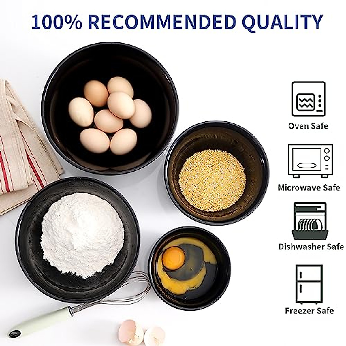 Hasense Ceramic Mixing Bowls Set, 20+40+65+84 Oz - 4PCS and Porcelain Salt and Pepper Shakers - 2PCS, Navy Blue