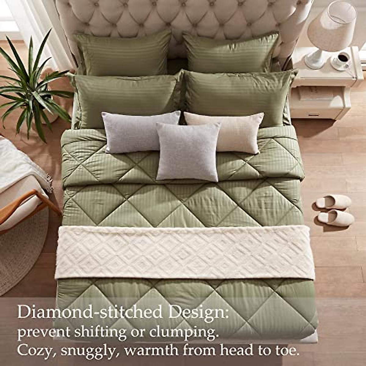 NexHome Bed in a Bag Comforter Sets Queen Green All Season Down Alternative Comforter Soft Microfiber Dobby Stripe 7 Pieces-1 Comforter 2 Pillow Shams 2 Pillowcases 1 Flat Sheet 1 Fitted Sheet