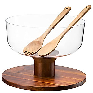 Godinger 2 in1 Salad Bowl and Cake Stand, Salad Bowl Serving Dish and Footed Cake Stand with Dome, Includes Wooden Salad Servers, Acacia Wood and BPA Free Acrylic Lid