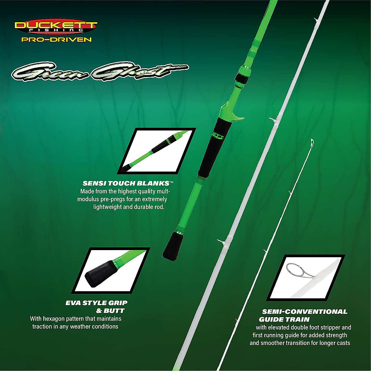 Duckett Fishing Green Ghost Spinning' 7'0" Durable Fishing Rod Med Fast