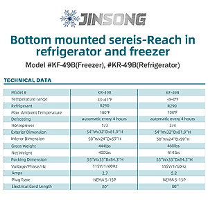 JINSONG 54" Commercial Refrigerator, 49 cu.ft with 2 Solid Door Stainless Steel Reach-in Refrigerator for Restaurant, Bar, Shop, Residential