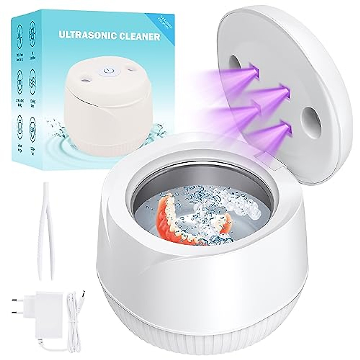 Ultrasonic UV Retainer Cleaner Machine - 45kHz Ultrasonic Cleaner for Dentures, Aligner, Mouth Guard, Whitening Trays, Toothbrush Head, 5/10 Minute Ultrasonic/Pulse Cleaning for Jewelry, Diamonds