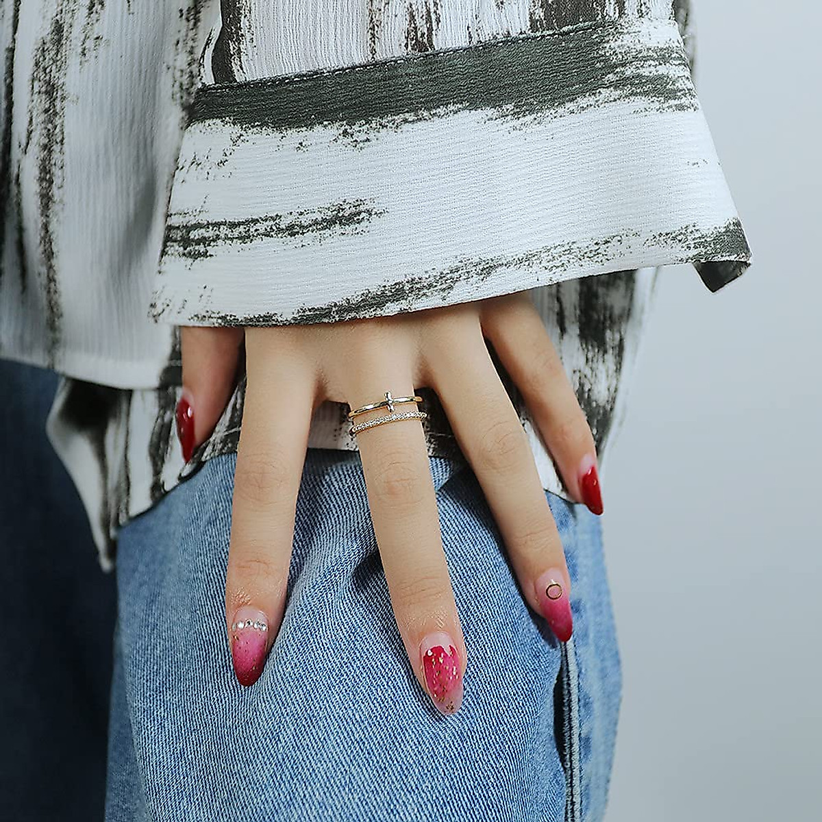 Cross Horizontal Double Line Cubic Zirconia Paved Gold Rings for Teens Girls Women Minimalist Thin Band Hollow Adjustable Hypoallergenic Finger Expandable Sparkly CZ Faith Fashion Statement Wedding