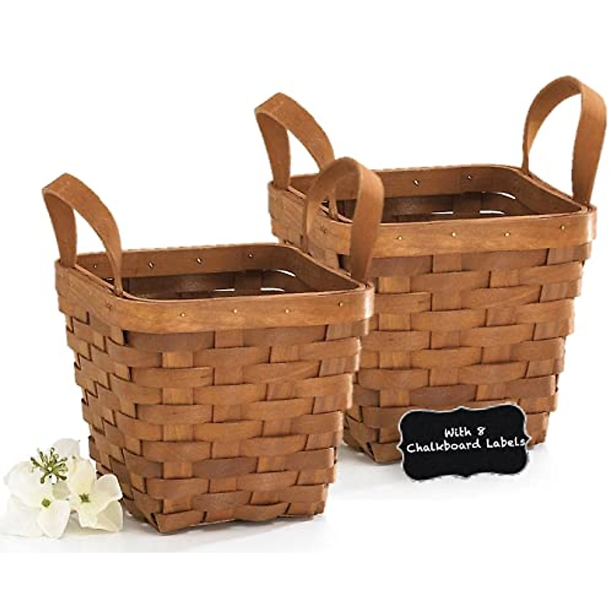 Small Wooden Decorative Woodchip Basket With Handles Empty Baskets 4 Inch 2 Pack For Gifts With Chalkboard Labels. Wicker Baskets Display Snack Pantry Organization Wedding Flower Plant (Dark Stain)