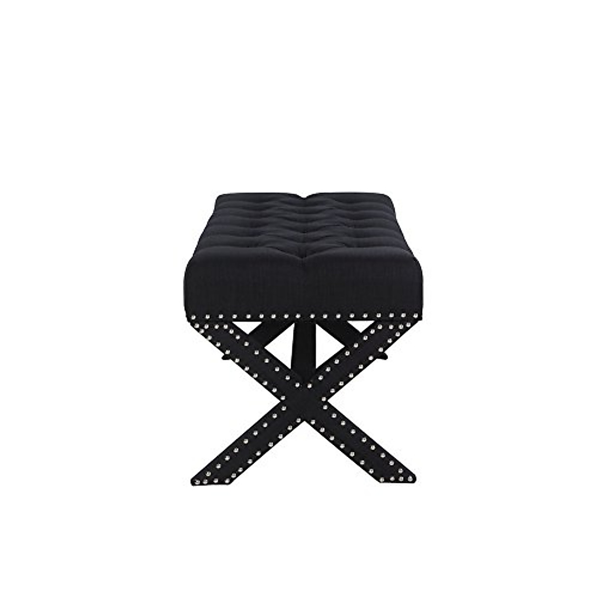 Iconic Home Dalit Updated Neo Traditional Polished Nailhead Tufted Linen X Bench, Black