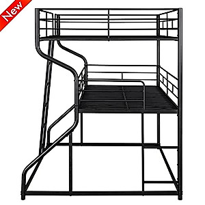 SNIFIT Upgraded Version & Stronger Metal Full XL Over Twin XL Over Queen Triple Bunk Bed, Thickened Reinforced Triple Steel Bunk Bed Frame with Safer Ladder & Guardrail (Faster Assembly) (Black)