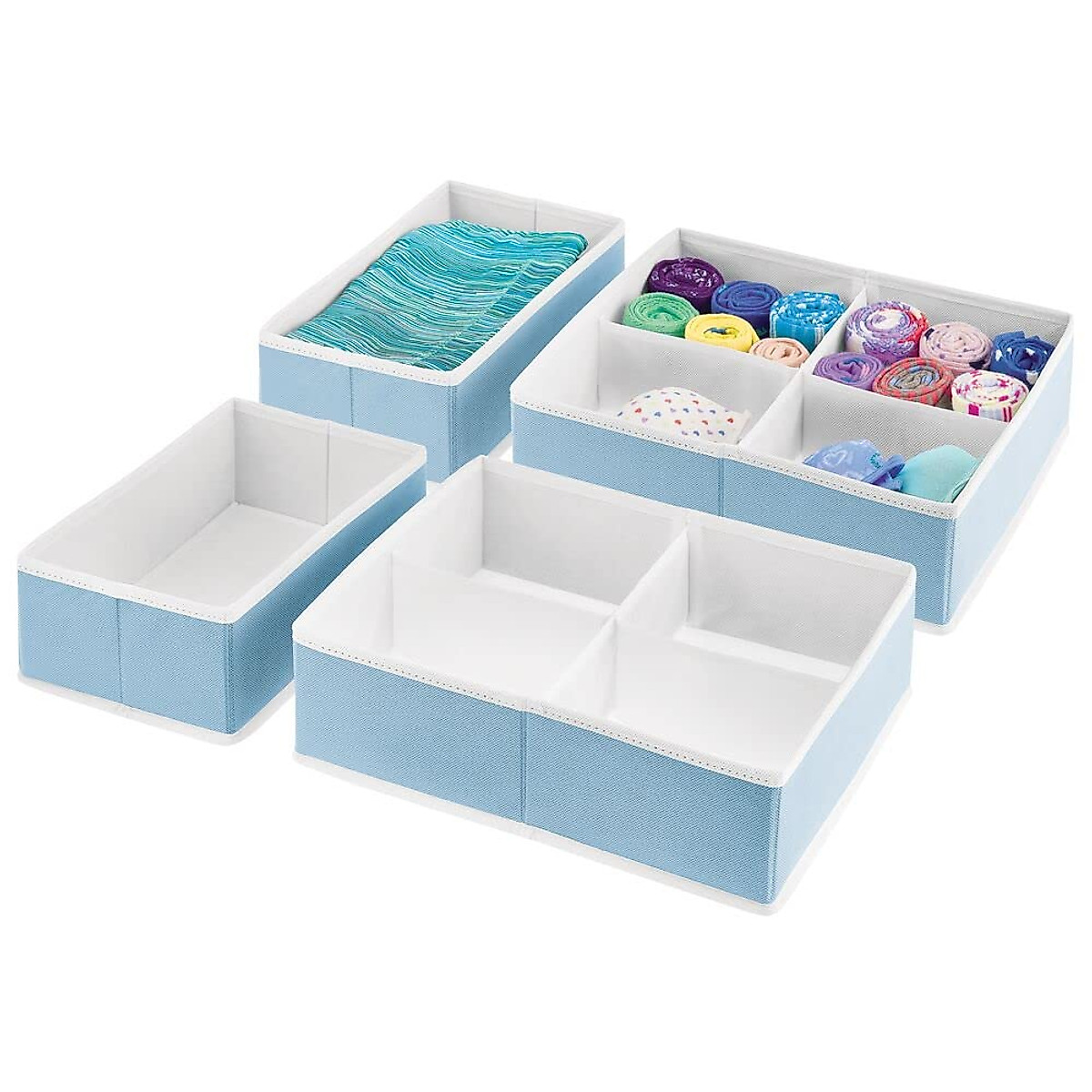 mDesign Soft Fabric Polka Dot Dresser Drawer and Closet Storage Organizer Bin for Child/Kids Room, Nursery, Playroom - Divided 5 Section Tray, Set of 4 - Light Blue/White
