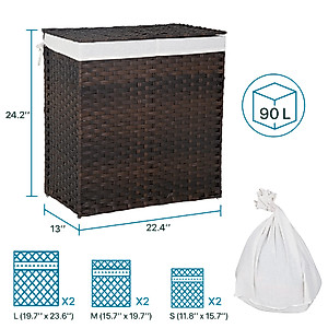 HKLGorg Laundry Hamper 90L Hamper for Laundry Clothes Hamper Laundry Basket with Lid Wicker Laundry Basket with 2 Removable Liner Bags 6 Laundry Bags Woven Laundry Basket for Bedroom Bathroom, Brown