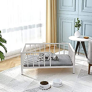 OSCHF Dog Bed with Rails - Elevated Pet Metal Bed Frame with Solid Wood Board and Washable Soft Mat for Medium Dog Indoor or Outdoor Use, 25.2" x 37.8", White