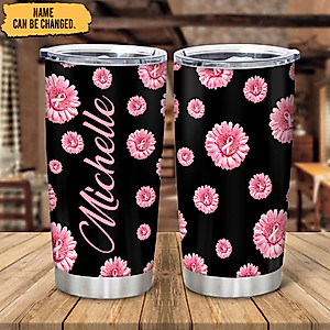 Hyturtle Personalized Breast Cancer Awareness Gifts For Women - Custom Name Stainless Steel Tumbler Coffee 20 oz - Pink Daisy Print Breast Cancer Gifts For Friend, Mom On Awareness Month, Christmas