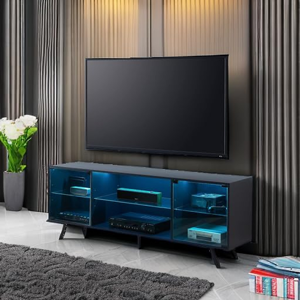 OKD Modern TV Stand for 75 Inch TV with LED Lights, Gaming Entertainment Center Media Console Television Stands with Magnetic Door & Adjustable Shelves for Living Room, Fits TVs up to 65+ Inch, Black