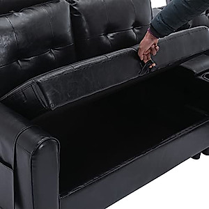 FANYE L-Shaped Corner Sectional Reversible Storage Chaise, Modern Convertible Sofa & Couch W/Headrest and Cupholders for Home Apartment Office Living Room, Black PU Leather