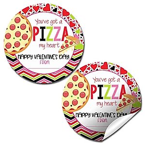 Piece of My Heart Fun Pizza Themed Valentine Party Favor Sticker Labels for Kids, 40 2" Party Circle Stickers by AmandaCreation, Great for Classroom Valentines, Envelope Seals, Gifts, Treats