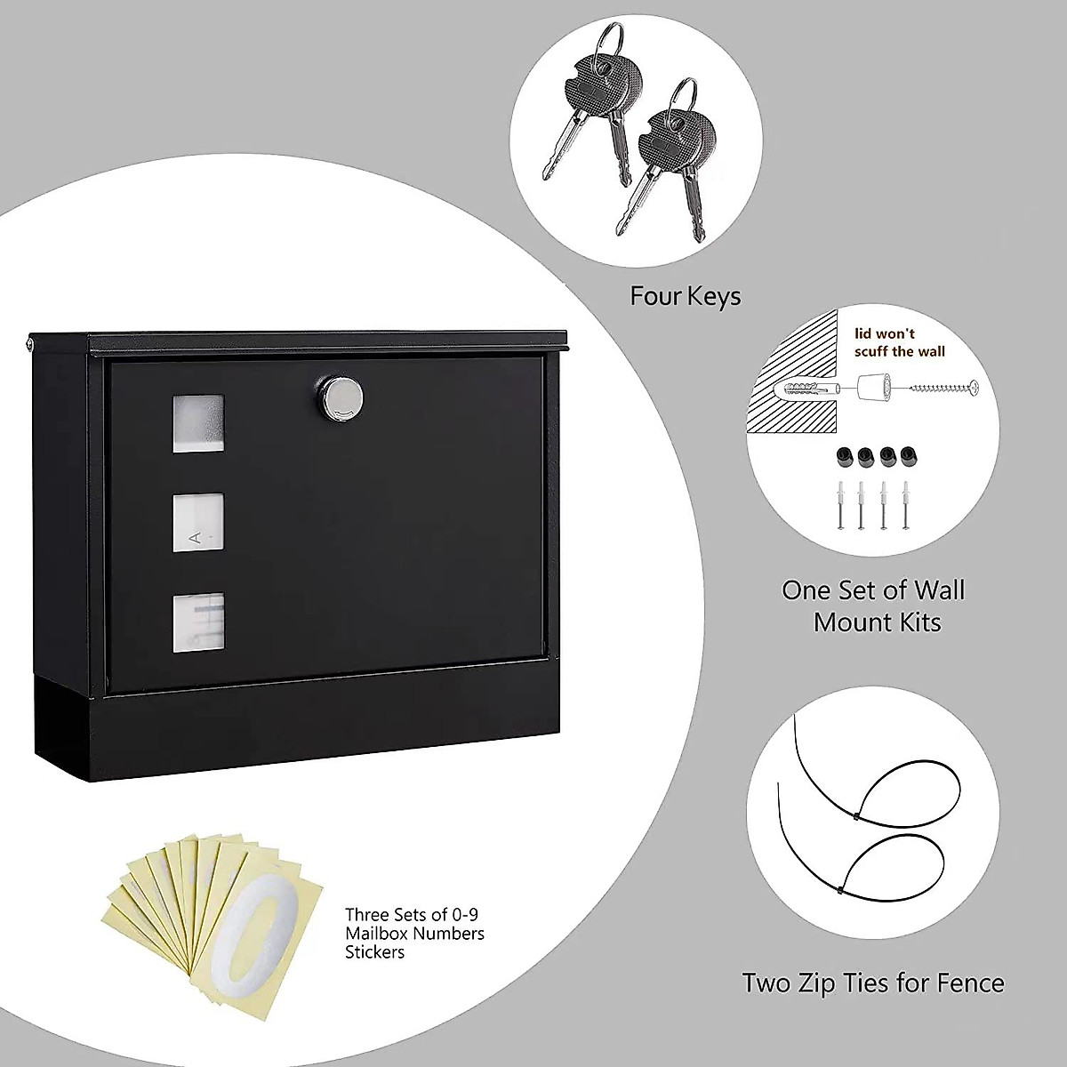 LAND·VOI Locking Mailbox Wall Mounted, Metal Postbox with Three Sets of Mail Box Number Stickers, 4 Keys, 14.4" x 4.5" x 11.2", Large Capacity, Black, AMB11B