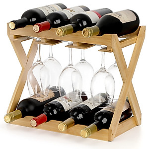 Hacaroa 2 Tier Bamboo Wine Glass Rack for 8 Bottle and 6 Stem Glasses, Countertop Wine Bottle Holders with Tray, Freestanding Goblets Wine Bottle Storage Shelf, Perfect for Bars, Tabletop