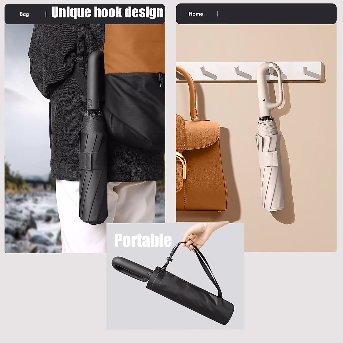 Extra Large Windproof Travel Folding Compact Golf 54‘’ Umbrella Automatic Open/Close,Lightweight Portable Parasol Outdoor,Sun/Rain,99 UV Protection,Perfect Carabiner Handle Design(Grey)