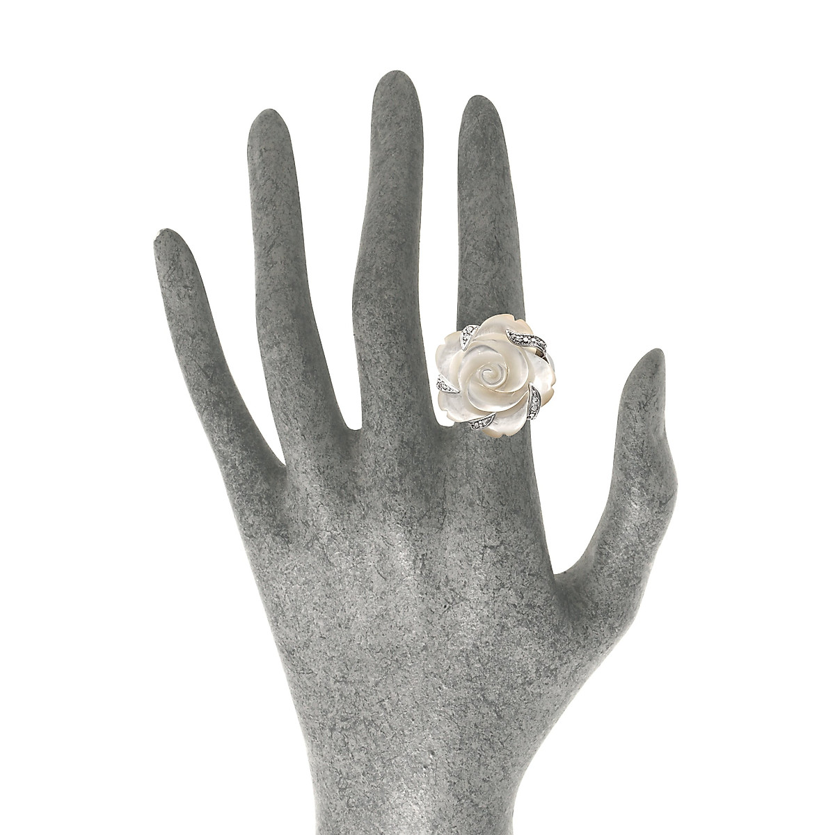 JanKuo Jewelry Rhodium Plated Carved Mother of Pearl Flower with Cubic Zirconia Cocktail Ring