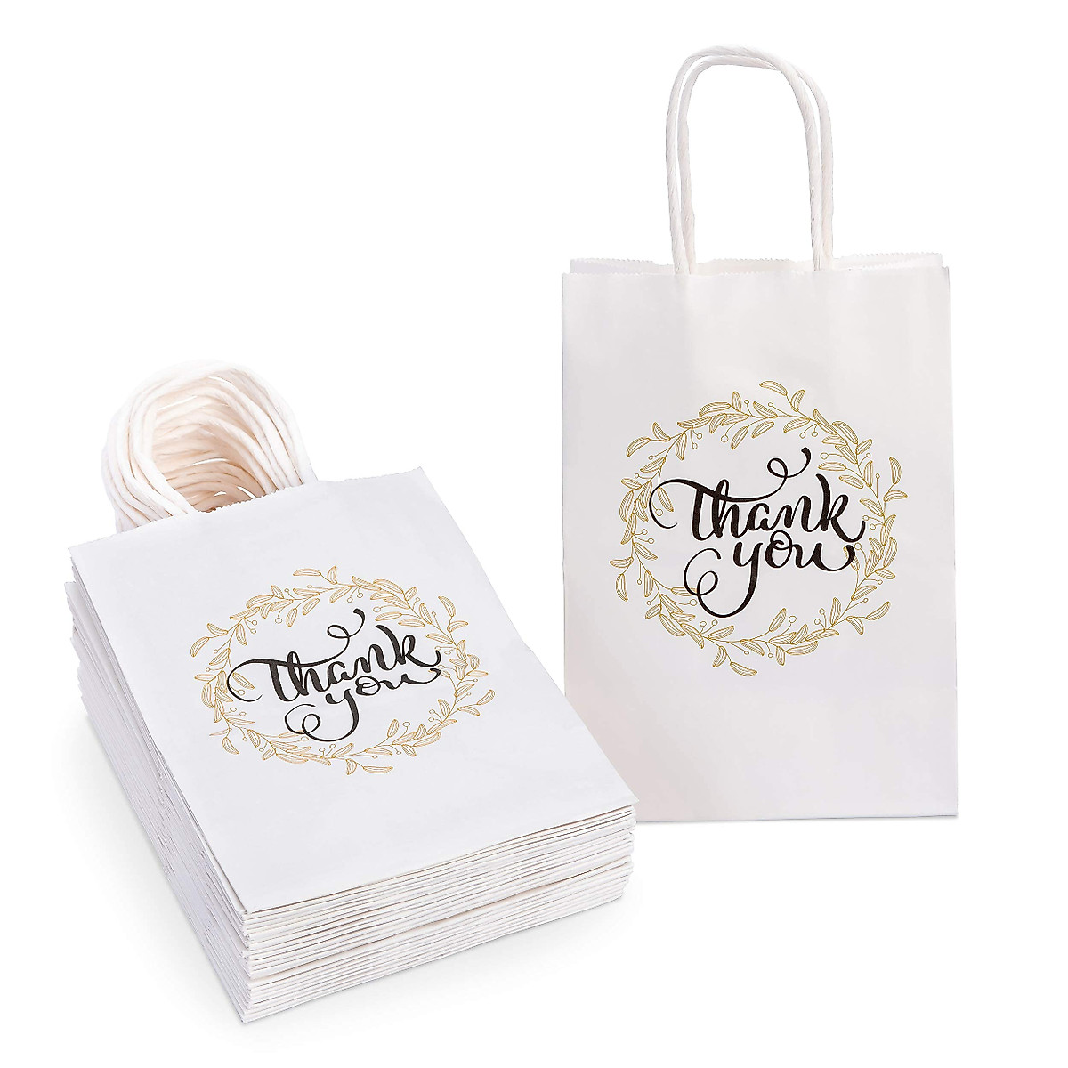 OSpecks 50 Count Small Thank You Gift Bags Bulk with Handles, White Kraft Paper Bags for Retail Shopping, Wedding, Goodies, Merchandise for Customers or Guests, Size 5.25 x 3.75 x 8 Inches