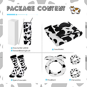 Uiifan 6 Pcs Cow Gifts for Women 20 oz Stainless Steel Tumbler Throw Blanket Sock Birthday Gifts for Animal Lover(Black Cow)