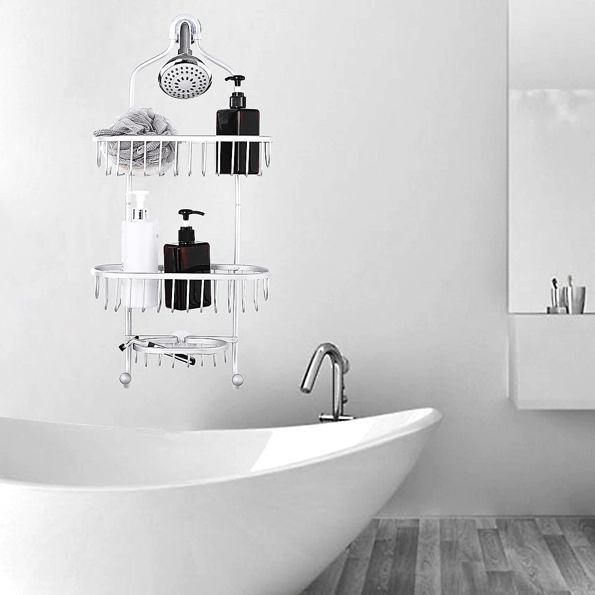 Dailyart Hanging Shower Caddy, Shower Head Caddy Hanging Storage Organizer over the Shower Head Aluminum Shampoo Holder with Extra Basket Hanging Shower Rack, Silver, 11.8" x 4.7" x 25"