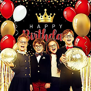 Happy Birthday Backdrop Birthday Banner Birthday Party Decorations Photo Booth Background Supplies Printed with Crown & Balloons 6 x 4ft (Black and Red)