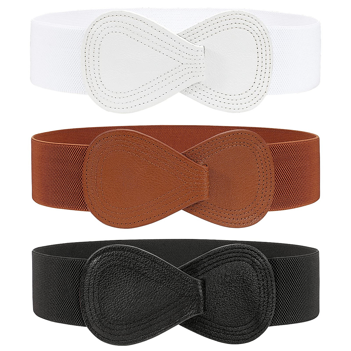 JASGOOD Women Stretchy Belt for Dresses Vintage Elastic Wide Waist Belt, D-Black+White+Brown