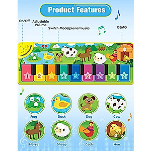 EduCuties Baby Musical Learning Toys , Floor Piano Playmat for Toddlers with Animal Flash Cards Music Sound for Early Education Touch Keyboard Blanket Birthday for Baby Boys Girls