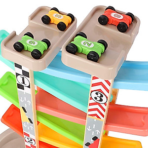 Aomola Montessori Toys for 3 4 5 Year Old Boys Toddlers, Car Ramp Toys with 8 Mini Cars, Parking Lot & Gas Station, Ramp Racer Toy Gift for Boys Girls Age 3-5