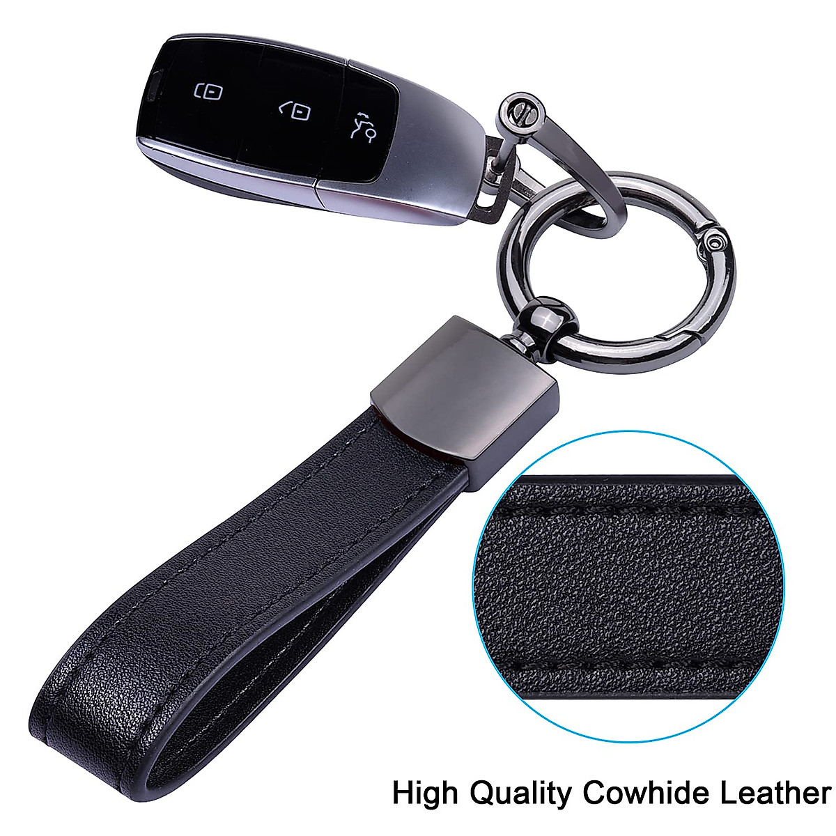 Wisdompro Genuine Leather Car Keychain, Universal Key Fob Keychain Leather Key Chain Holder for Men and Women, 360 Degree Rotatable, with Anti-lost D-ring, 3 Keyrings and 1 Screwdriver - Black