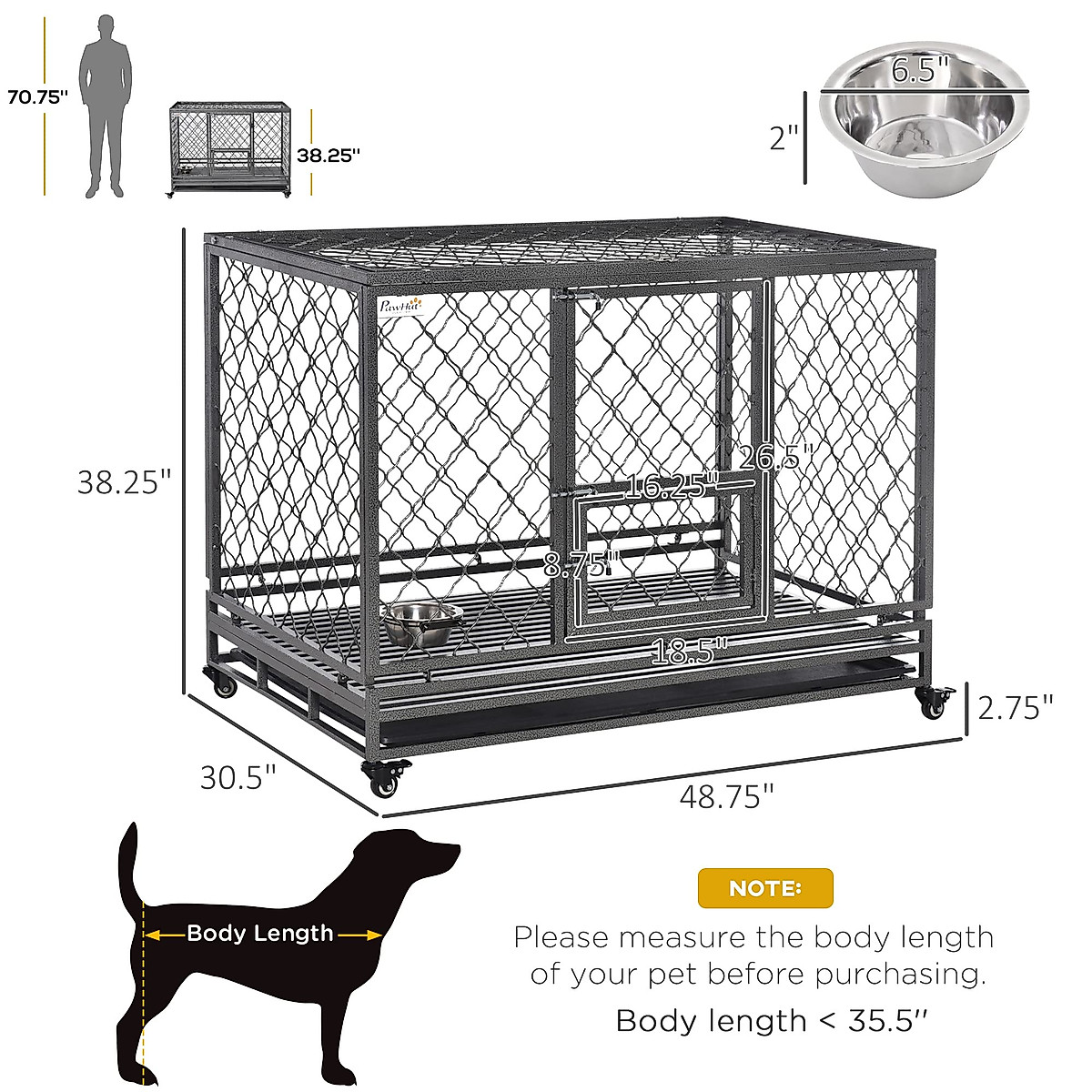 PawHut Heavy Duty Dog Crate Metal Kennel and Cage Dog Playpen with Lockable Wheels, Slide-Out Tray, Food Bowl and Double Doors, 49"