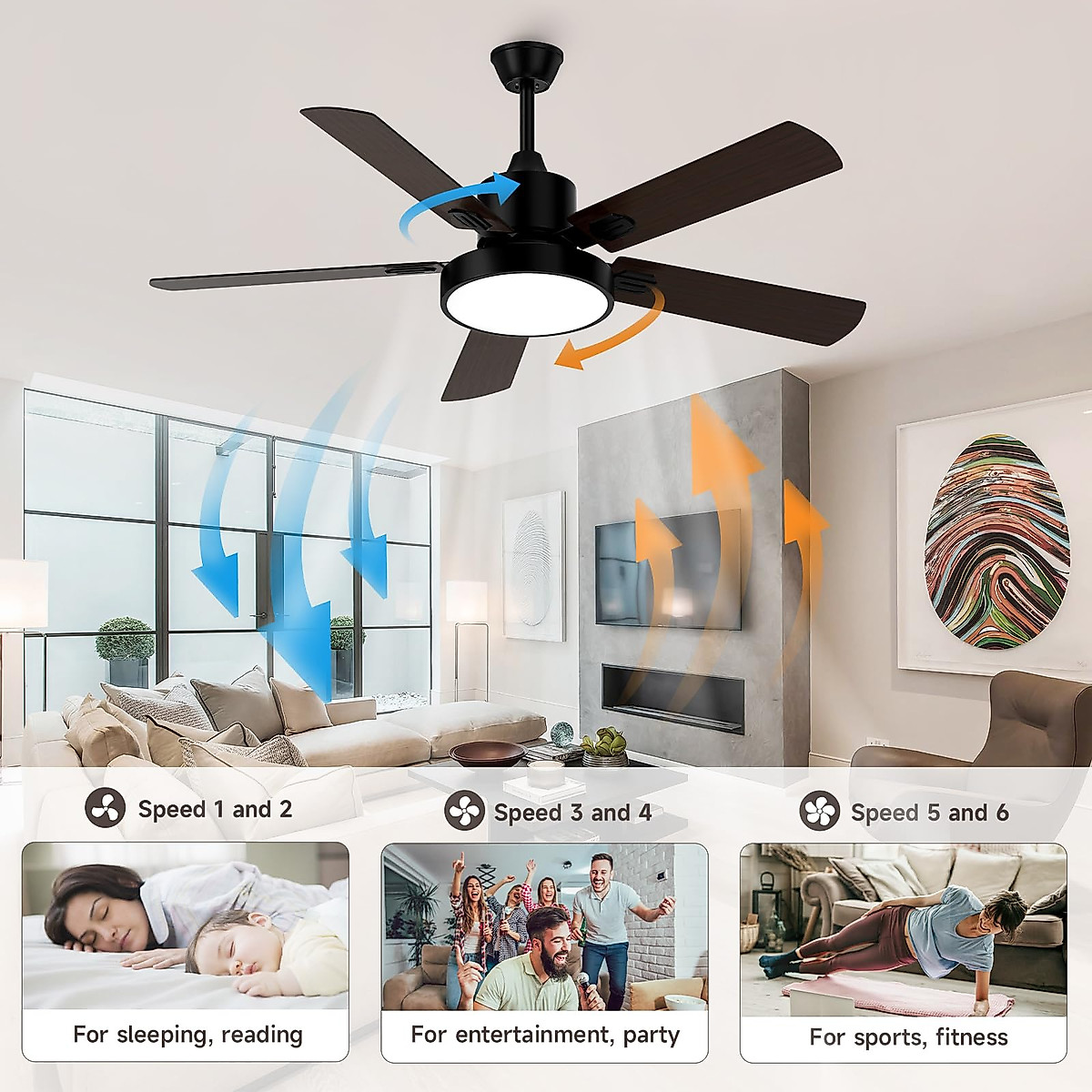 Obabala Ceiling Fans with Lights and Remote, Outdoor/Indoor Black Fan with Lights for Patio Bedroom Living Room，52 Inch