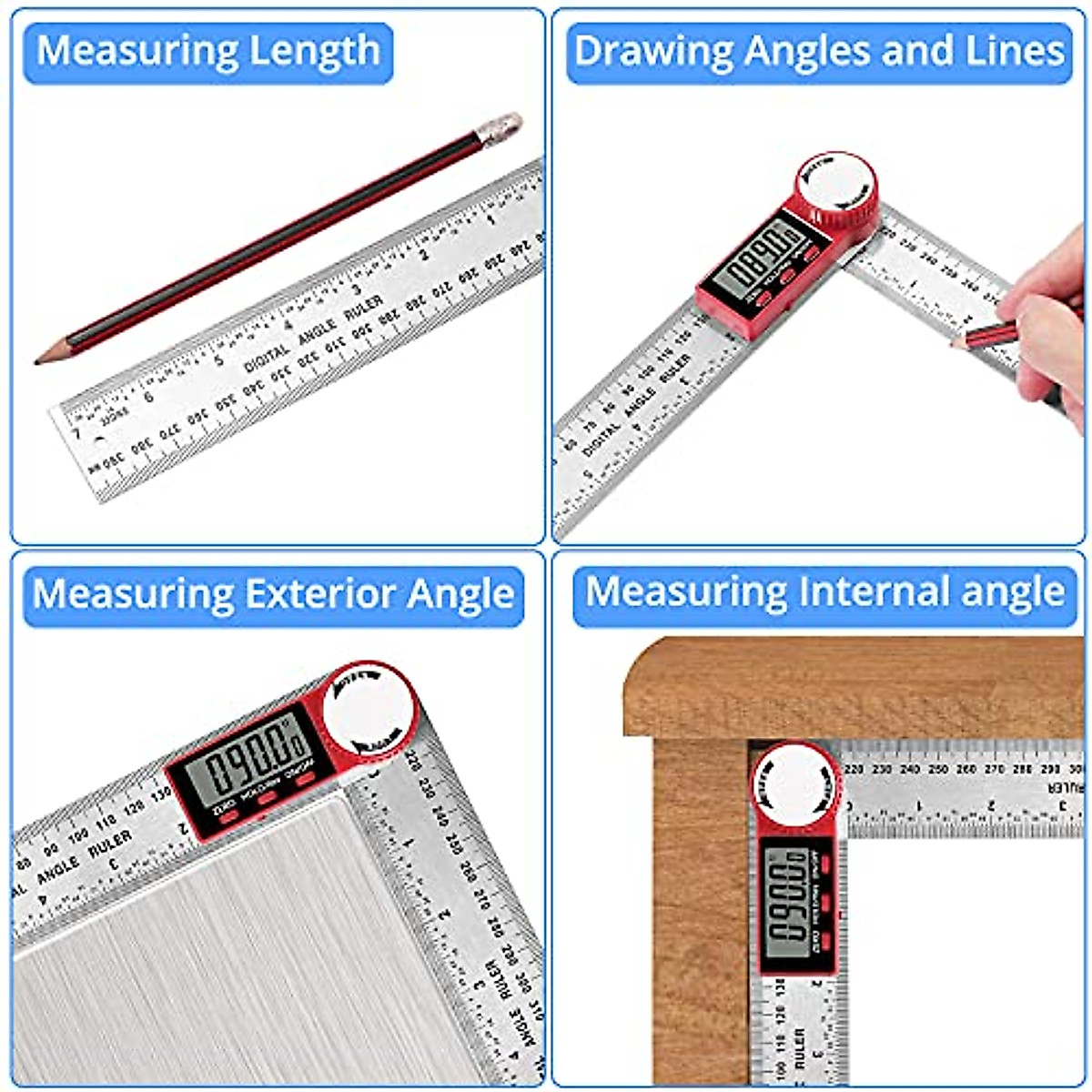 CAMWAY Digital Angle Ruler Protractor 8 Inch,Stainless Steel Digital Angle Finder, Reverse Display, Data Hold LCD Display Zero Locking Function Inside Outside Measuring Ruler