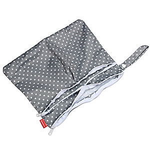 Damero 2pcs Travel Wet and Dry Bag with Handle for Cloth Diaper, Pumping Parts, Clothes, Swimsuit and More, Easy to Grab and Go (Small, Gray Triangle+ Gray Dots)