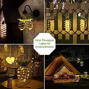 JSOT 2 Pack Solar Lanterns Outdoor Waterproof, 60LEDs Hanging Pineapple Decorative Lights for Backyard, Porch, Patio, Table, Yard, Balcony, Plants, Teepee, Lawn, Pathway, Warm Light.