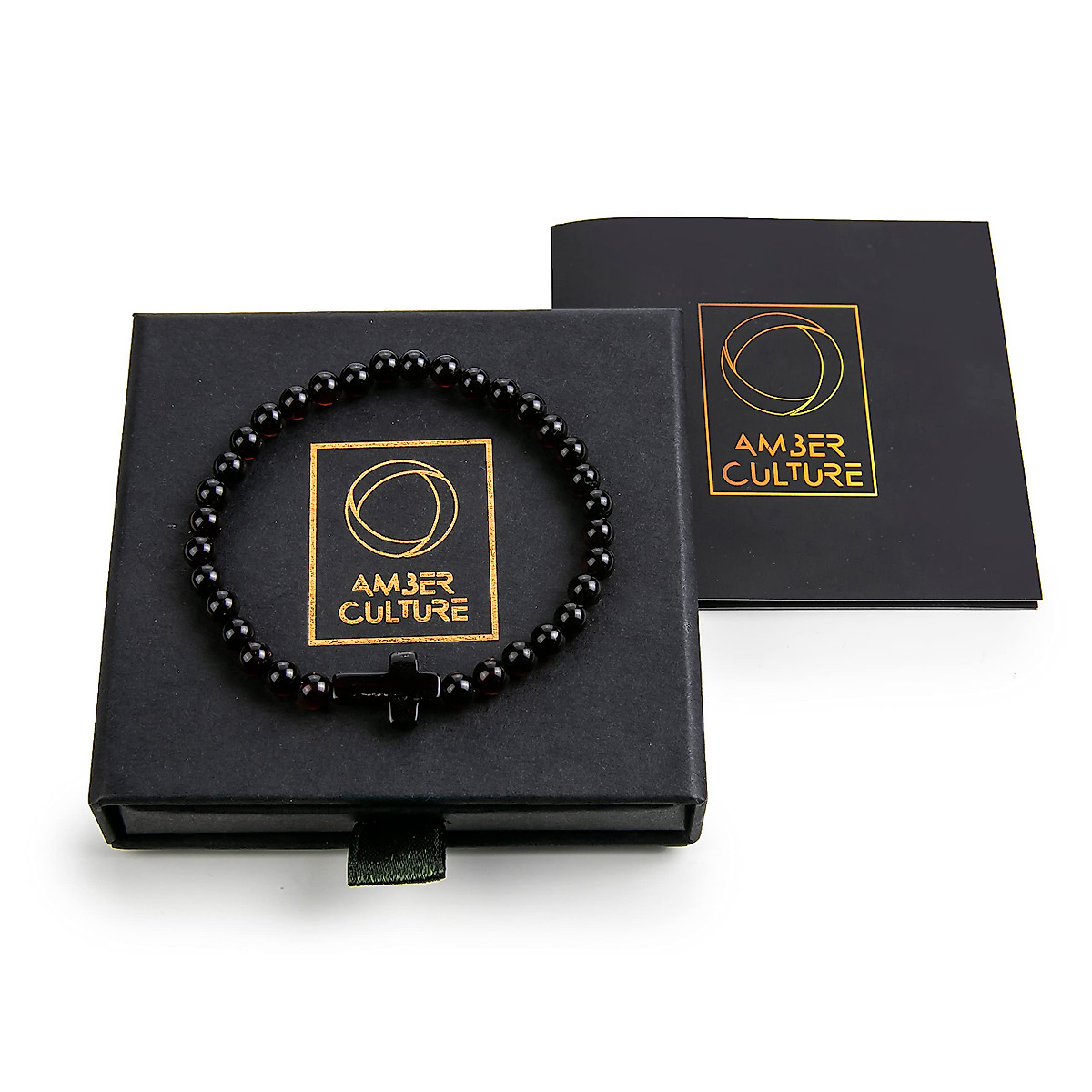 Amber Culture Amber Cross Bracelet - Handmade 5mm Beads 100% Baltic Natural Baltic Amber Stone - Stretch Unisex with Gift Box Dark Cherry Color