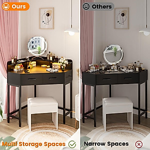 Cyclysio Corner Vanity Desk Without Mirror, Makeup Vanity Table with Lights & Power Outlets, Small Corner Vanity with Drawers for Bedroom,Small Spaces, Black