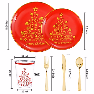 LIYH 150 PCS Plastic Christmas Dinnerware Set, Red Plastic Christmas Plates, Disposable Christmas Dinnerware with Christmas Tree Design, Plastic Christmas Silverware, Christmas Cups 25 Guests