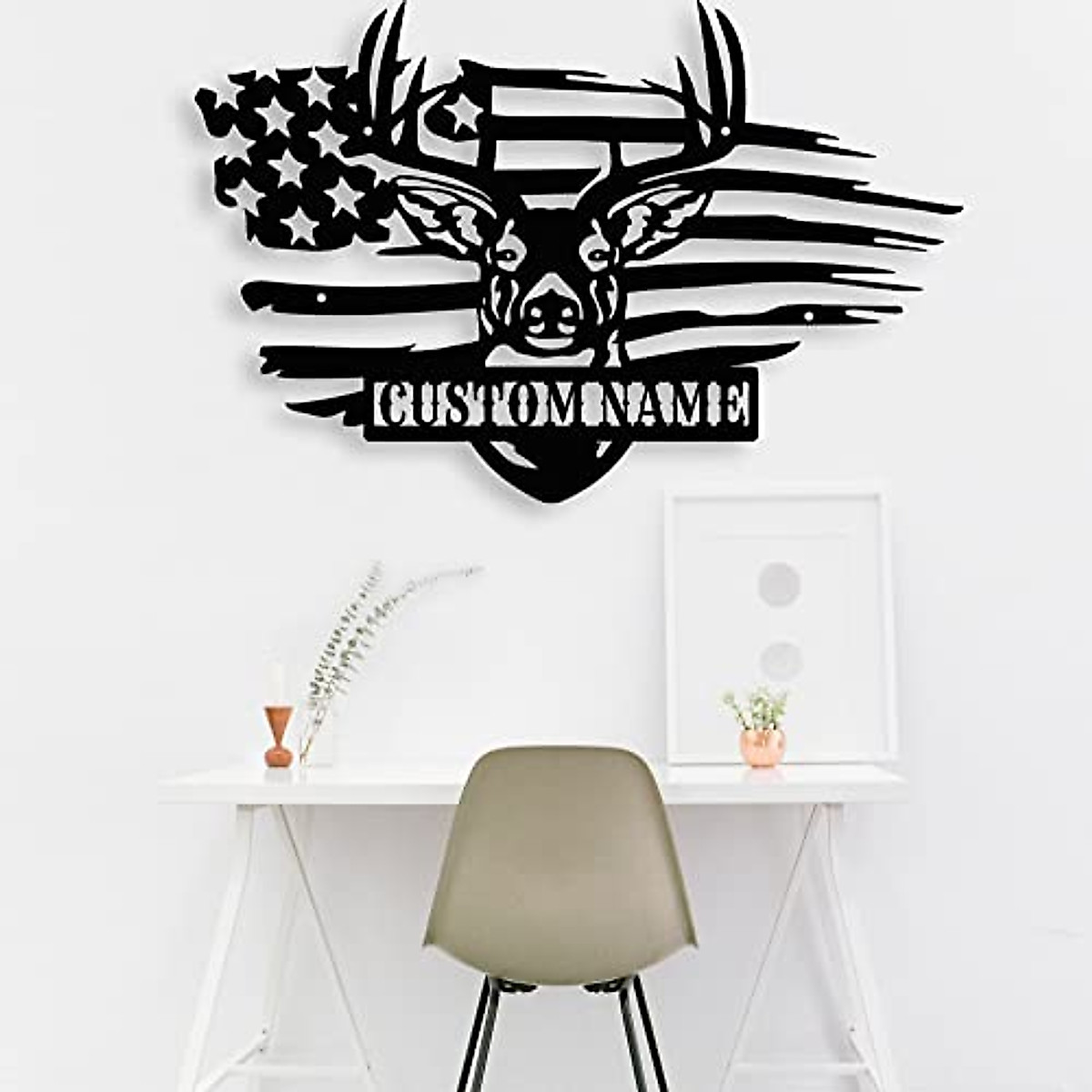 Deer Head American Flag Custom Name Metal Wall Art Decor, Personalized Deer Head Flag Decorations Custom Name Art, Decorative Accent Home Decor Indoor, OutdoorHousewarming Christmas Gifts