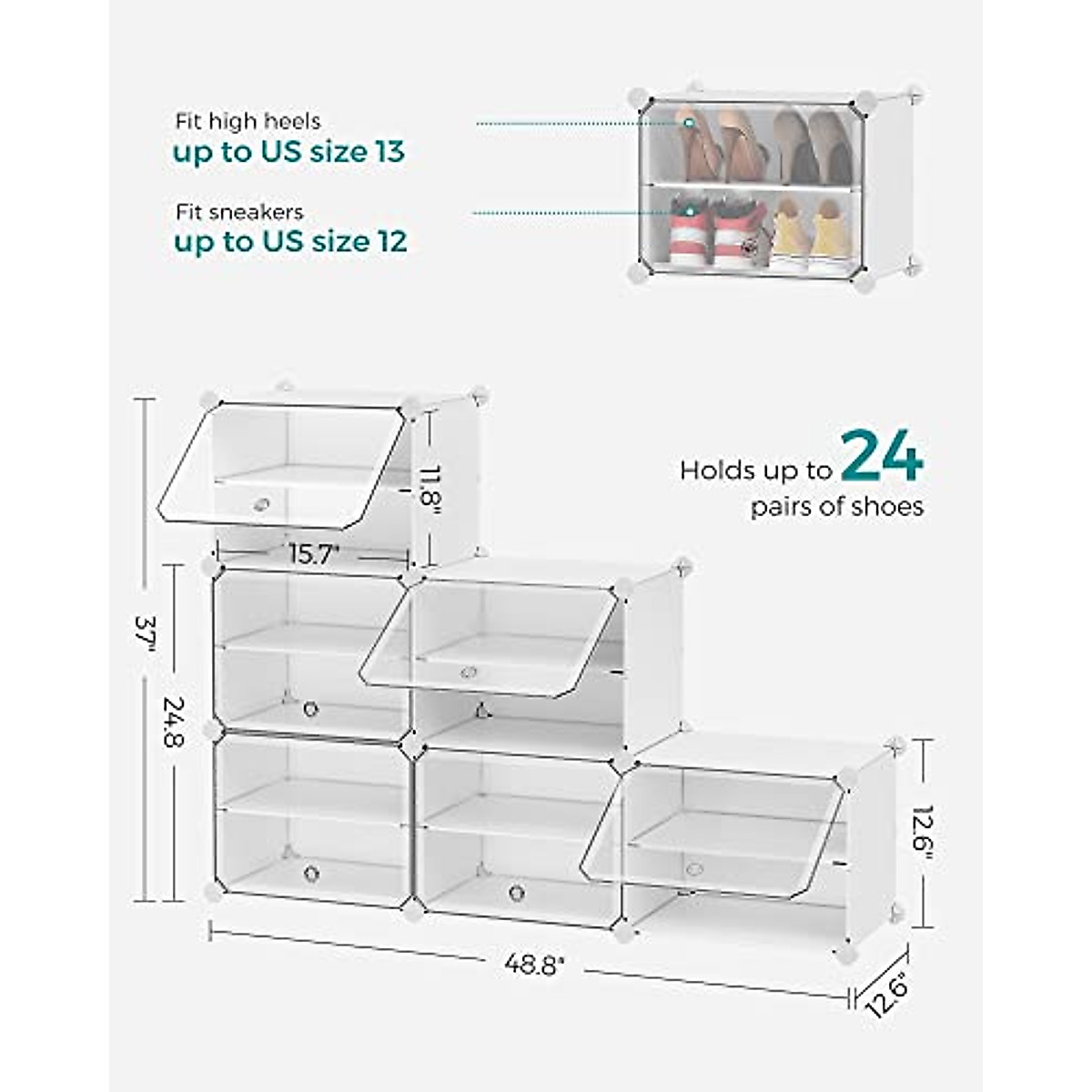 SONGMICS Interlocking Shoe Rack, Plastic Shoe Storage Cabinet, 6-Slot Modular Storage Organizer Unit, 11.8 x 15.7 x 11.8 Inches for Each Slot, with Doors, Steel Frame, Plastic Panel, White ULPC033W01