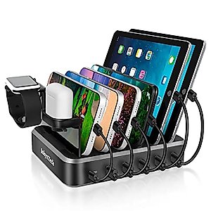 Charging Station for Multiple Devices, 60W 6-Port Charging Dock with PD 20W USB-C & Quick Charge 3.0, 6 Short Charging Cables Included,Smartwatch Holder, Compatible with iPhone iPad Cell Phone Tablets