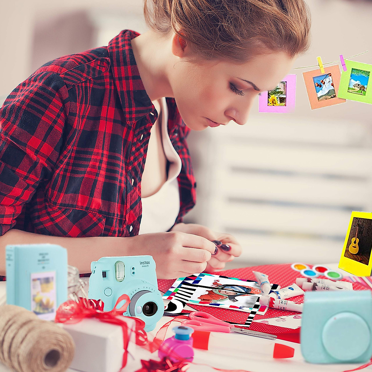 Fujifilm Instax Mini 9 Instant Camera with Accessories | Bundle of Soft Leather Case + Mini Photo Album + 6 Christmas Magnet Frames + 4 Colored Lenses + Selfie Lens + 10 Photo Frames + Stickers + More