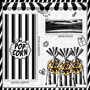 Ninehaoou 200 Pcs Movie Night Popcorn Bags for Party Carnival Popcorn Bags Movie Theme Party Decorations Black White Stripe Cookie Snack Bags with 200 Black Twist Ties for Movie Party Favors