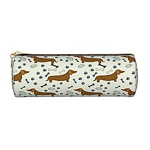 AieeFun Dachshund Dog With Bones Cylinder Pencil Case Holder Zipper Pen Bag Pouch Students Stationery Cosmetic Bag