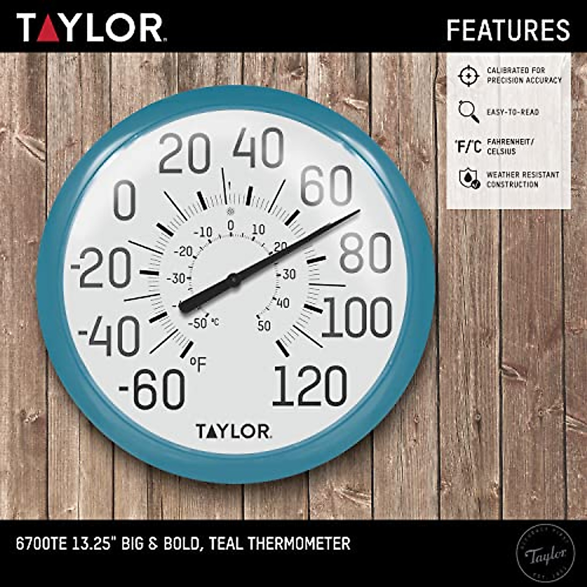 Taylor Big and Bold Wall Indoor Outdoor Thermometer, 13.25 inch, Teal