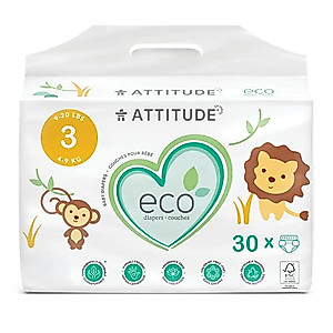 ATTITUDE Diapers, Safe for Sensitive Skin, Chlorine-Free, Leak-Free & Biodegradable Baby Diapers, Fragrance-Free, Size 3 (9-20 lbs), 120 Count (4 Packs of 30)