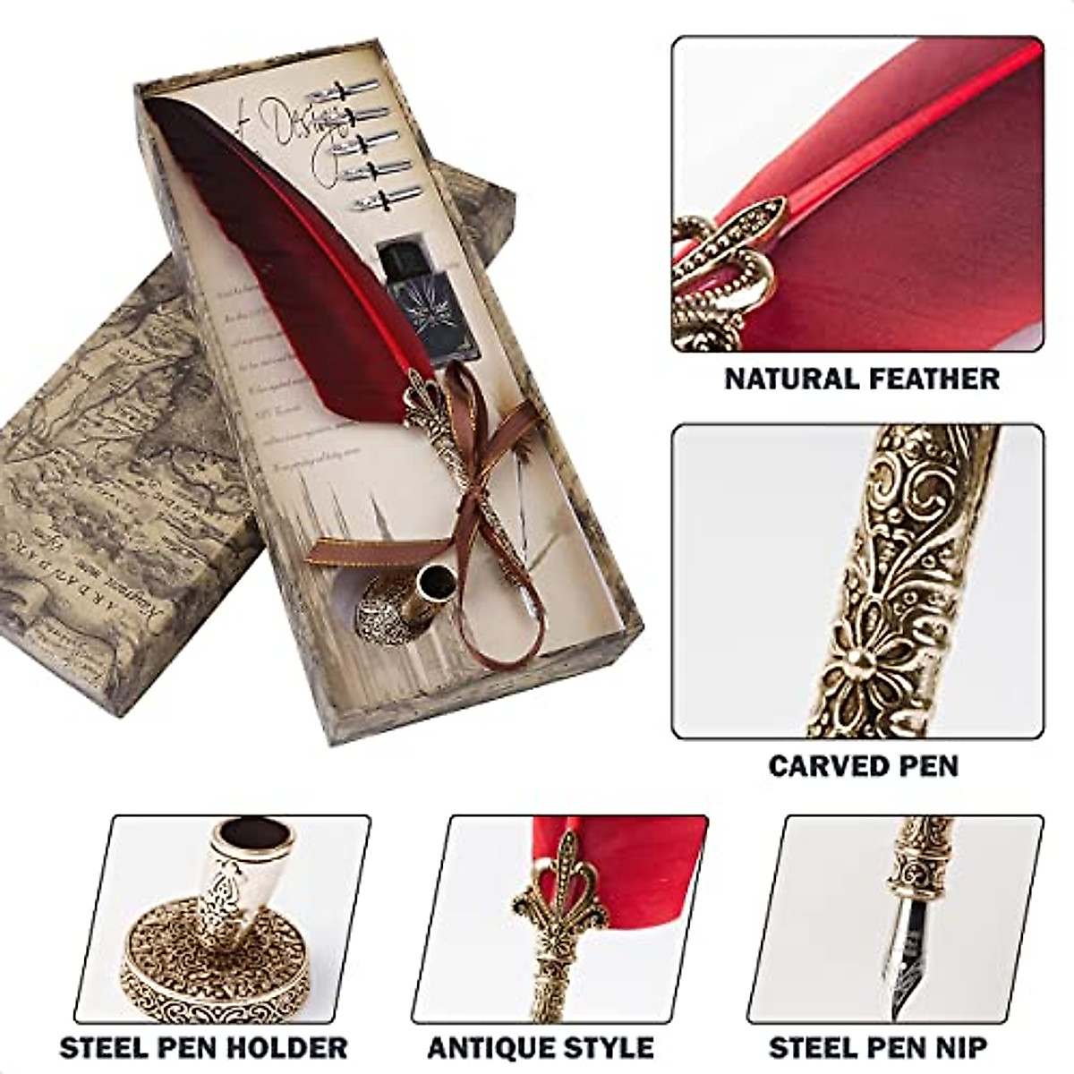 Feather Quill Pen Ink Set - Calligraphy Dip Pen Set Fountain Pen Ink Red Feather Pen Display Case with Inkwell and Stand - Quill Pen Set with 5 Stainless Steel Pen Nib Set for Writing Paper, Letter