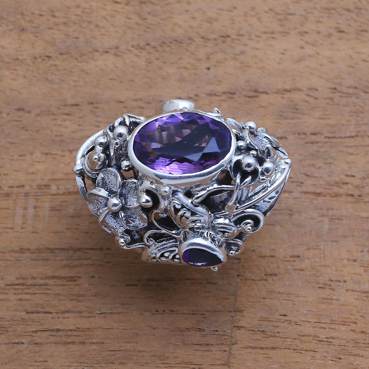 NOVICA Artisan Handmade .925 Sterling Silver Amethyst Citrine Cocktail Ring Unique Purple Yellow Indonesia Orchid Animal Themed Floral Birthstone Butterfly 'Frangipani Butterfly'