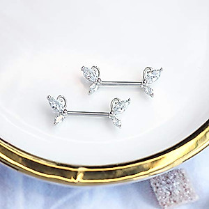 CHARM ONLINE 2PCS 14G 316L Stainless Steel Clear (Butterfly CZ Nipple Rings Barbell Crystal Nipple Piercings Jewelry for Women)