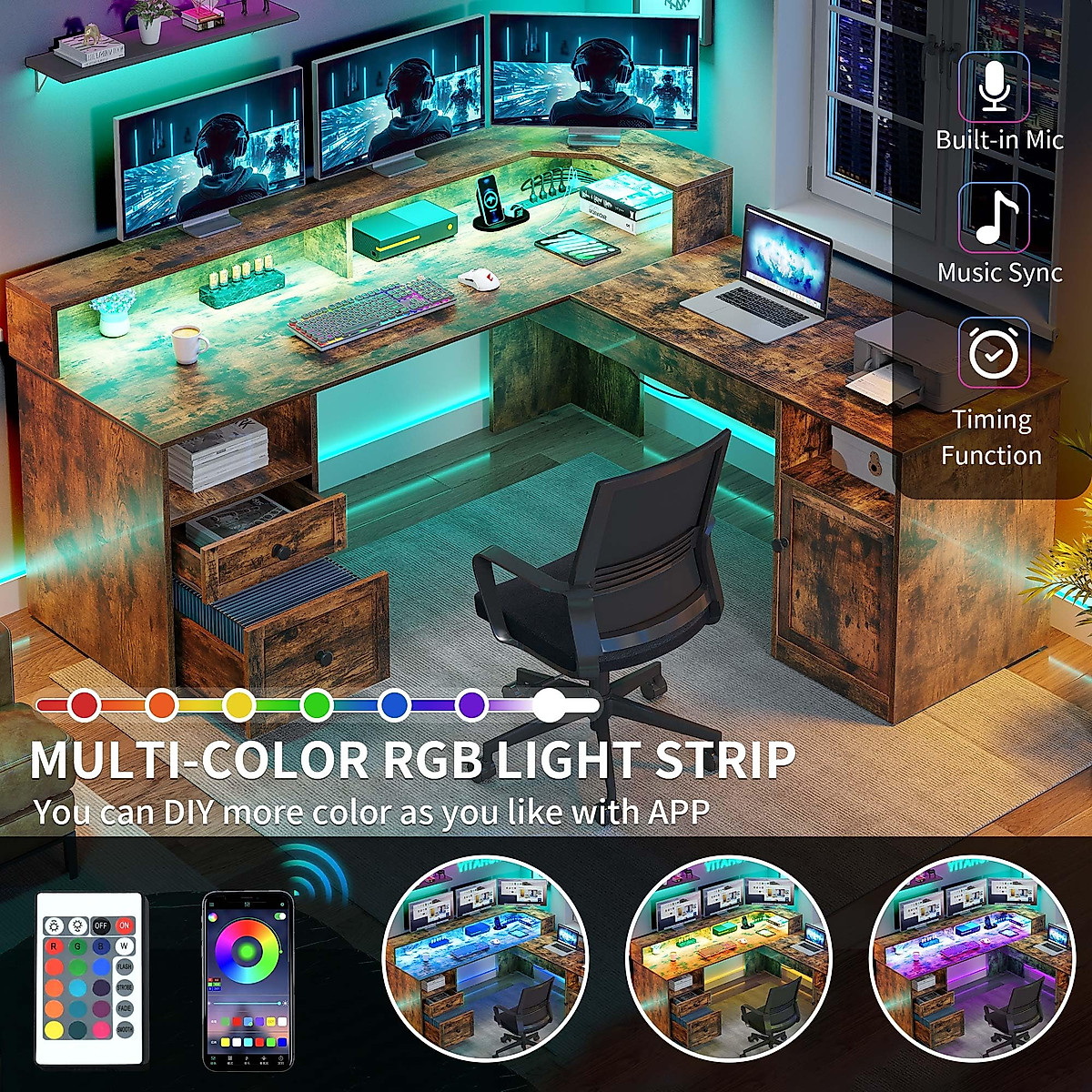 YITAHOME L Shaped Desk with Power Outlets & LED Lights, 60" Corner Computer Desk with Drawers & Lift Top, Home Office Desk with Monitor Stand & File Cabinet, Wood Height Adjustable Desk, Rustic Brown